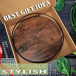 12 Inch Wood Lazy Susan Turntable for Table, Kitchen Rustic Brown Turntable Organizer with Steel Frame, 360 Degree Decorative Turntable for Countertop Cabinet or Centerpieces