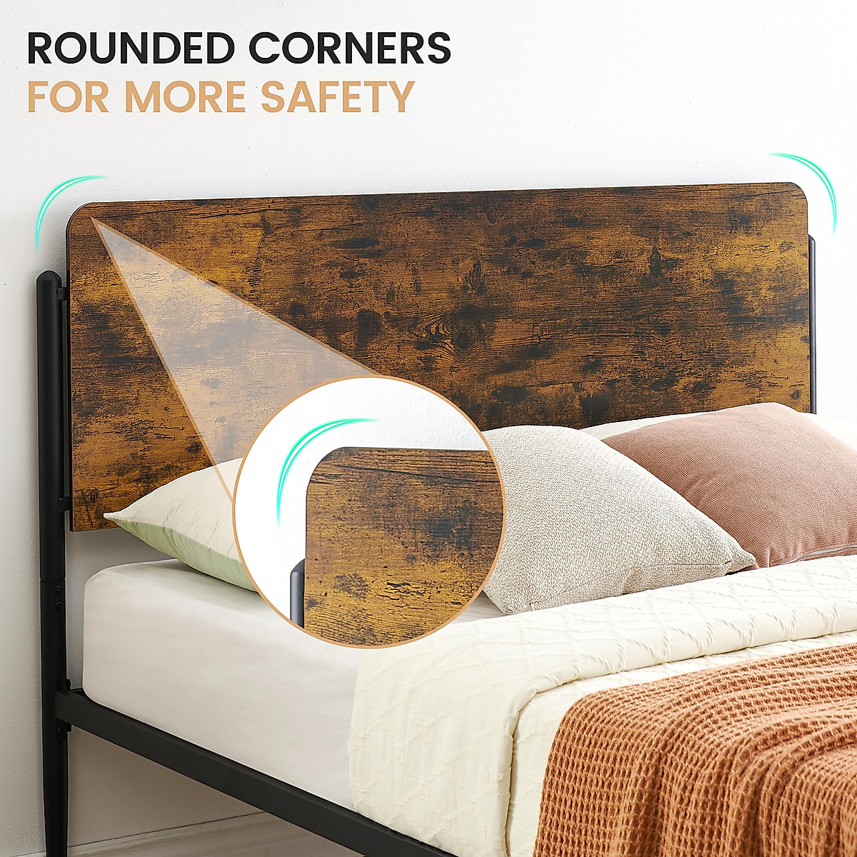 IDEALHOUSE Full Size Metal Bed Frame with Wooden Headboard and Footboard, Platform Full Bed Frame with Under Bed Storage, Strong Metal Slat Support, No Box Spring Needed, Brown