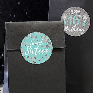 Blue Sweet 16 Birthday Stickers - Sixteen Happy 16th Party Round Labels - 40 Count
