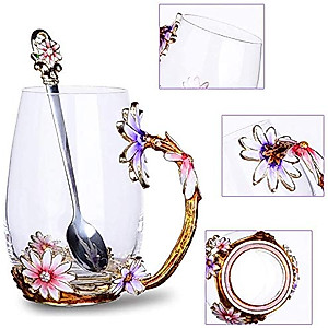 Glass Tea Mug, Mother's Day Gifts, Handmade Enamel Daisy Flower Coffee Cup Set with Handle, Unique Valentine's Day Birthday Gift Ideas for Women, Christmas New Year Party Supplies -13oz Pink