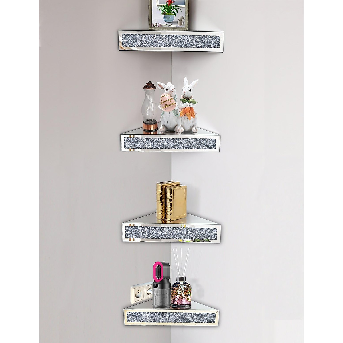 Mirrored Floating Conner Shelf, Silver Mirror Crushed Diamond Decorative Wall Shelf for Home Decoration Crystal Diamond Wall Art Decor Accent Piece Showcase 16.1" L×16.1" W×4.3" H, Set of 2