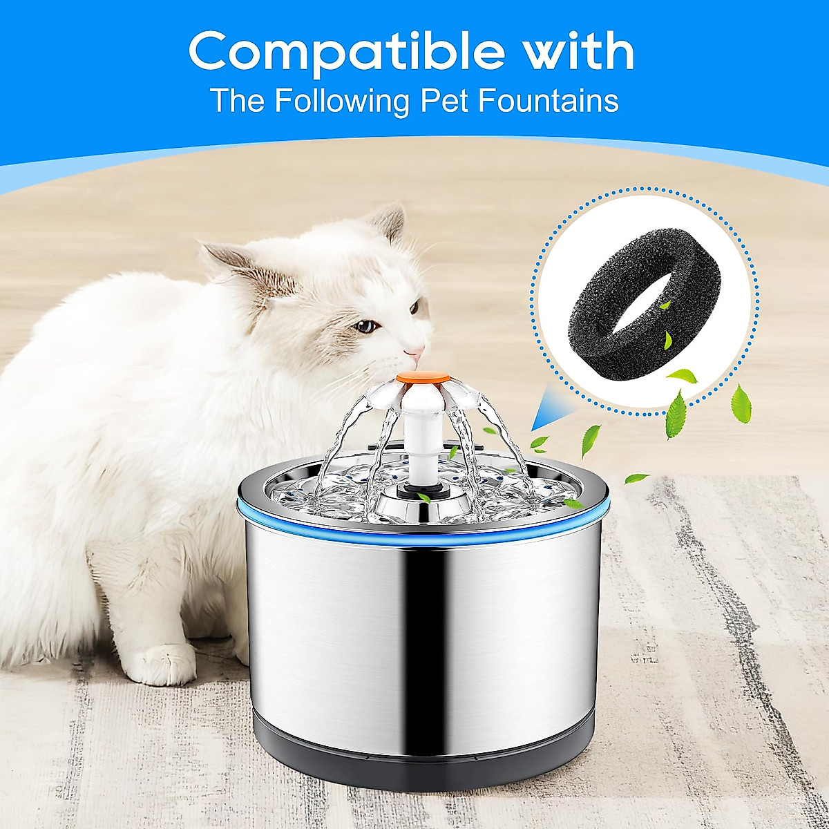8 Pack Foam Filters for Cat Water Fountain, Pet Fountain Filter Pet Water Round Filter Foam for Cat Drink Fountain 84oz/2.5L & 108oz/3.2L Pet Fountain Automatic Drinking Water Dispenser