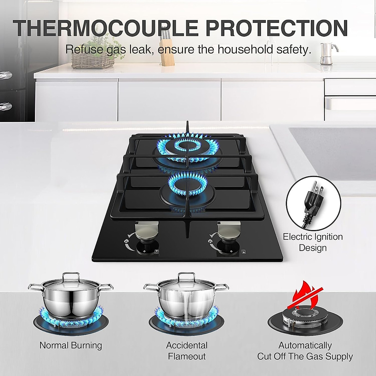 Gas Stove 2 Burner Propane Cooktop 12 inch, Nafewin Tempered Glass Gas Cooktop Gas Stove Burner with Thermocouple Protection, Lpg/Ng Dual Fuel Built-in Gas Stove Top for Apartments, Outdoor, Rvs
