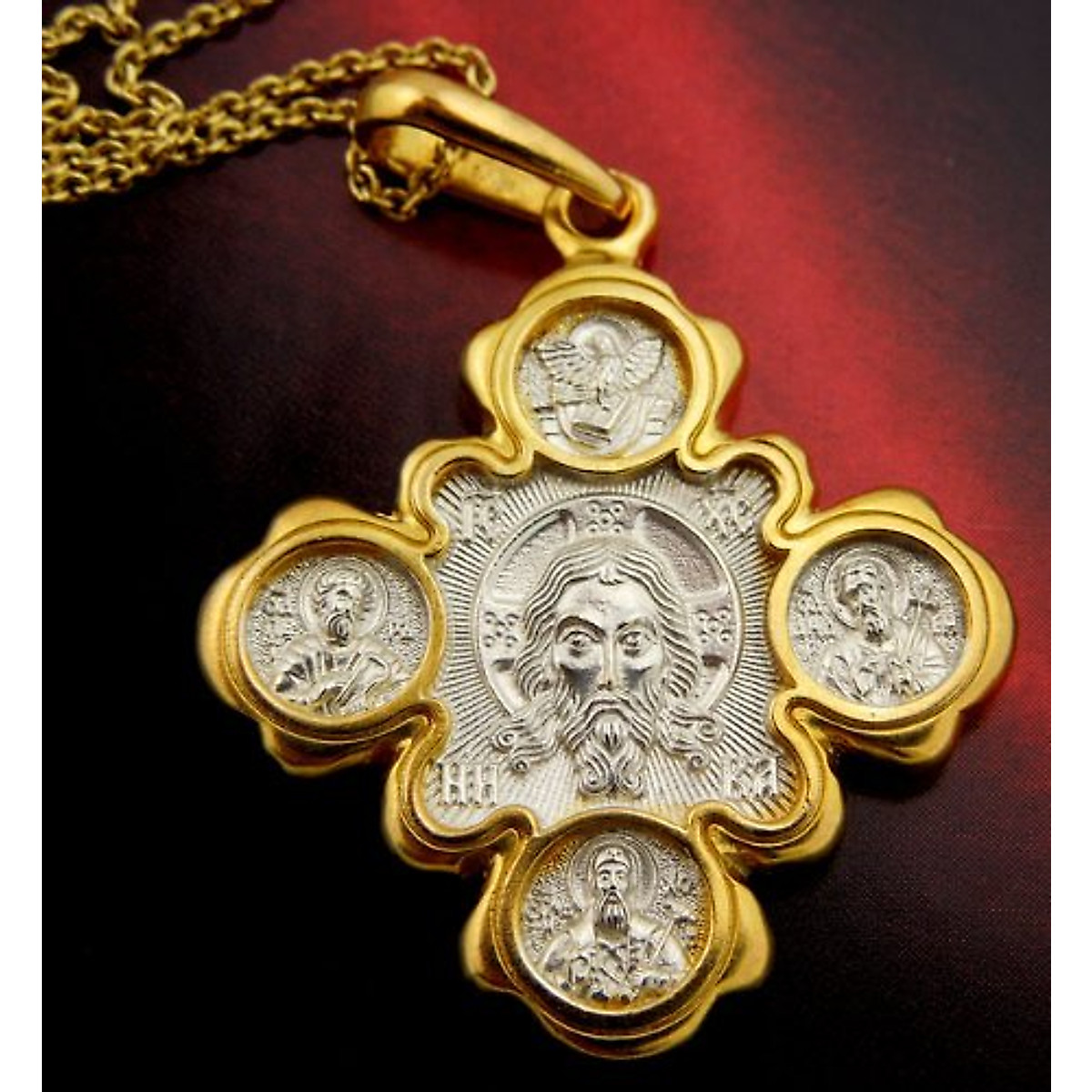 Image of the Christ The Savior Russian Neck Cross Pendant Kazan Icon of the Mother of God With Main Saints Healers - 2 Sided, Silver Gold Plate 1 1/4 Inch