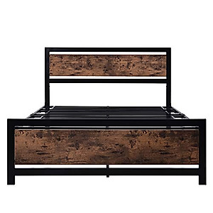 Full Bed Frame with Wood Headboard, Modern Rustic Style Platform Bed Frame Full Size, Heavy Duty Strong Metal Slats Support, No Box Spring Needed, Easy Assembly (Black, Full)