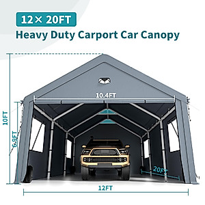 12x20 Heavy Duty Carport Canopy - Extra Large Portable Car Tent Garage with Roll-up Windows and All-Season Tarp Cover,Removable Roof &Side Walls for Car, SUV,Boats&Truck Shelter Sheds