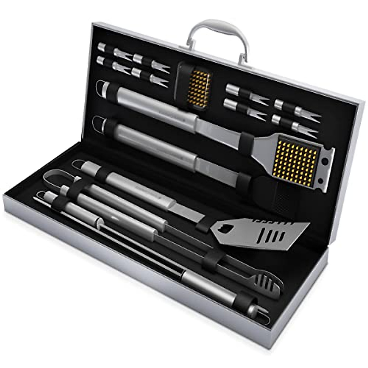Home-Complete HC-1000 BBQ Accessories – 16PC Grill Set with Spatula, Tongs, Skewers, Case – Barbecue Tools for Father’s Day, Wedding, Anniversary, 16 pc, Silver