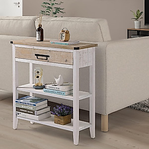 RUSTOWN Farmhouse Console Table with Drawer, 3-Tier Rustic Entryway Table with Open Storage Shelves and Handmade Metal Handle, Narrow Foyer Sofa Table for Living Room, Entryway, Hallway (Washed White)