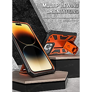 Poetic Compatible with iPhone 14 Pro Max Case, Spartan Phone Case for iPhone 14 Pro Max, Full Body Leather Texture Shockproof Protective Cover with Screen Protector and Kickstand, Metallic Orange