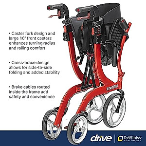 Drive Medical Nitro Dual Function Transport Wheelchair and Rollator Rolling Walker Combo with Hand Activated Brakes and Back Support, Red