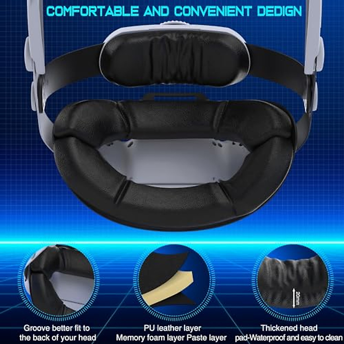 Comfort-Head-Strap Compatible with Oculus-Quest 2, Replacement for Mate-Quest 2 Elite-Strap, Super Soft and Skin Friendly PU Surface, Adjustable,Enhanced Support and Comfort in VR Headset（No Battery）