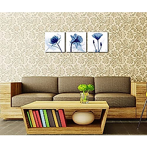 Wieco Art Blue Abstract Flowers 3 Panels Giclee Canvas Prints Wall Art Modern Pictures Artwork for Living Room Bedroom and Home Decorations