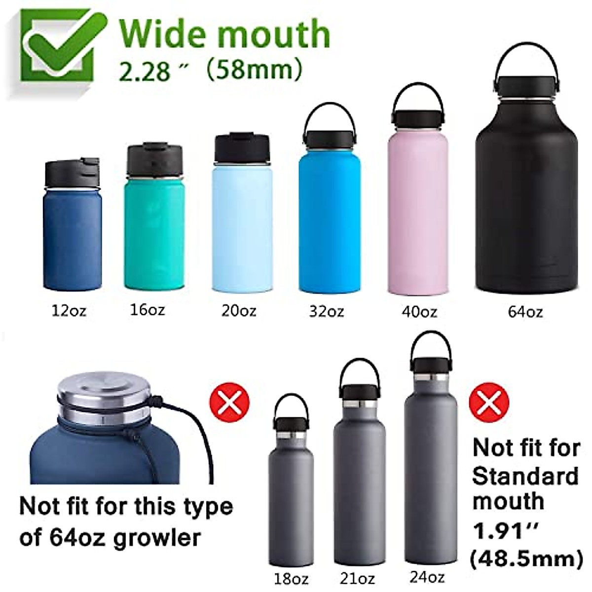 Top Souls Wide Mouth Straw Lids Compatible with Most Sports Water Bottles, 2 Lids 2 Long Straws 2 Brushes in 1 Value Pack.(Black x2)