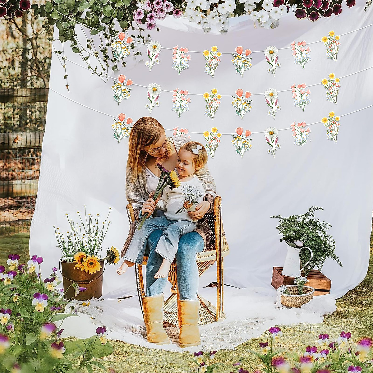 Fangleland 3Pcs Wildflower Garland Banners Decorations for Girl - Flower Theme Banners Birthday Hanging Decors, Wild Flower Spring Garden Baby Shower Wedding Party Supplies