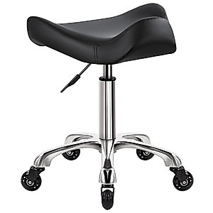 WKWKER Heavy Duty Rolling Stool with Wheels Hydraulic Swivel Adjustable Rolling Stool Ergonomic Thick Irregular Leather Seat Stool Chair for Kitchen Drafting Lab Office Salon Message Stool – Black
