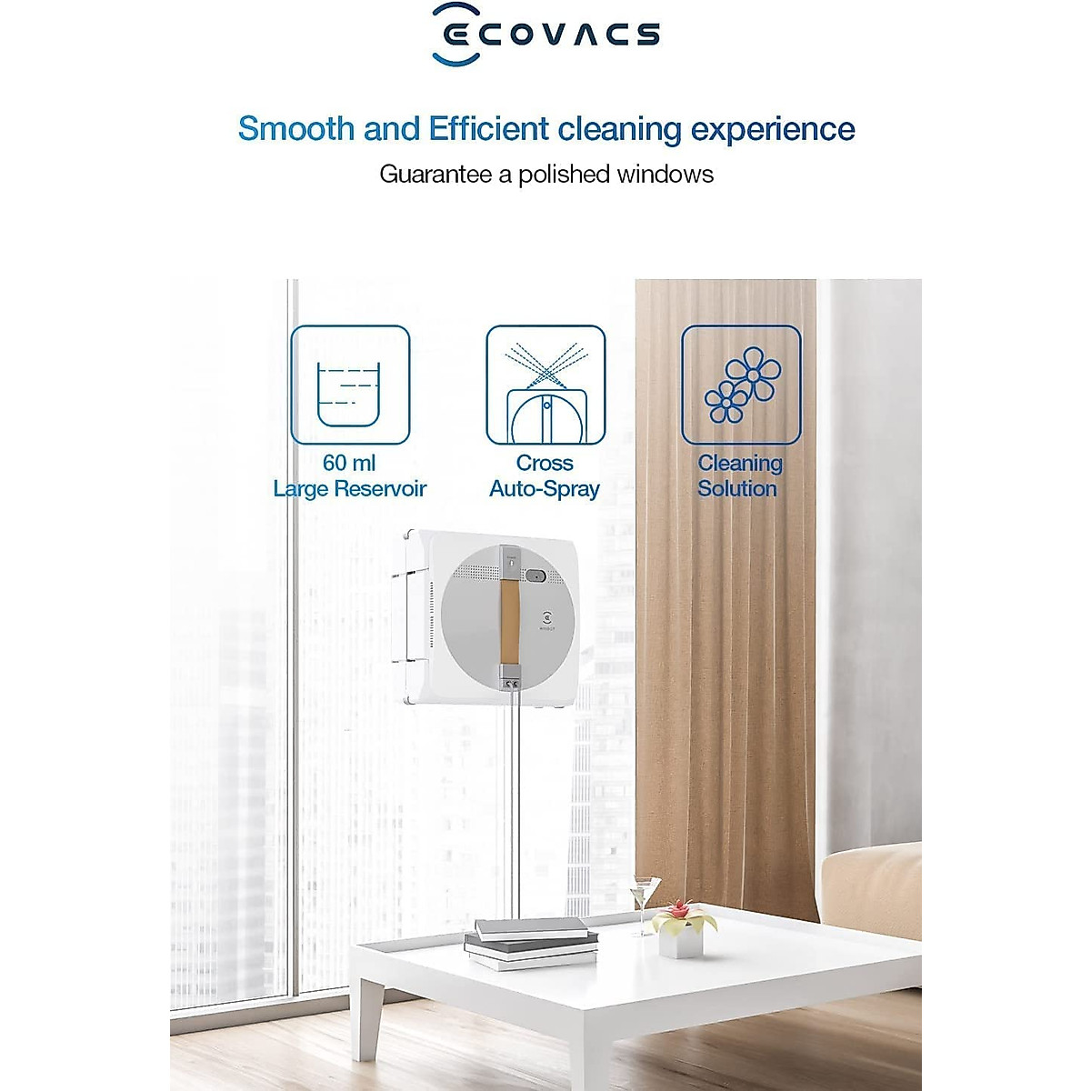 ECOVACS Winbot W1 Pro Window Cleaning Robot, Intelligent Cleaning with Dual Cross Water Spray Technology, Win SLAM 3.0 Path Planning, 2800Pa Suction Power, Edge Detection Technology, App Control,Grey