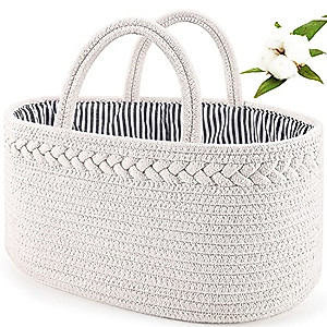 ABenkle Baby Diaper Caddy, Nursery Storage Bin and Car Organizer for Diapers and Baby Wipes, Cotton Rope Diaper Basket Caddy, Changing Table Diaper Storage Caddy Baby Gift Baskets, White
