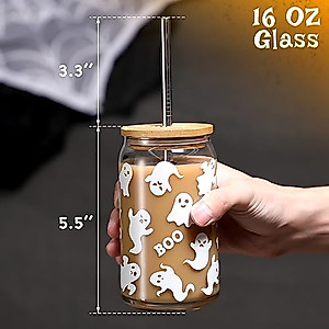 Nefelibata Halloween Ghosts Beer Can Glass Fall Iced Coffee Glass 16 OZ Spooky Season Glass with Lid Metal Straw And Cleaning Brush October Boo! Drinking Cup Gifts for Him Her