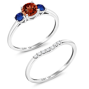 10K White Gold Red Garnet and Blue Created Sapphire and White Lab Grown Diamond 3-Stone Bridal Engagement Wedding Ring Set For Women (0.88 Cttw, Gemstone January Birthstone, Round 5MM, Size 5)