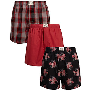 Lucky Brand Men's Boxer Shorts - 3 Pack Classic Cotton Woven Boxers for Men With Functional Fly, Relaxed Fit, Size Small, Plaid/Black Print/Red