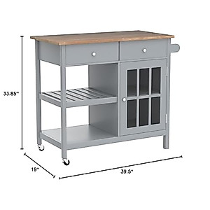 ChooChoo Rolling Kitchen Island, Portable Kitchen Cart Wood Top Kitchen Trolley with Drawers and Glass Door Cabinet, Wine Shelf, Towel Rack, Gray