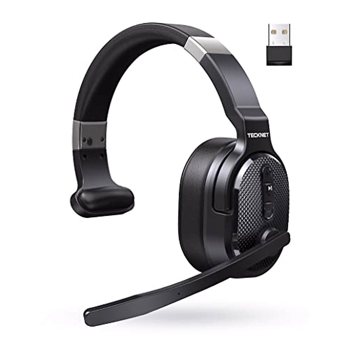 TECKNET Trucker Bluetooth Headset, Over-Ear 70h AI Noise Canceling Wireless Headphones with Microphone, Comfort ENC Bluetooth Headset with Dongle & Mute for PC Phone Laptop Office Home Skype Zoom