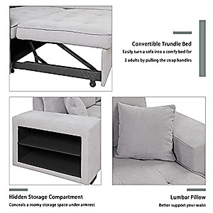 BIADNBZ 104" Sectional Sofa Sleeper with Pull Out Bed and Storage Chaise Lounge, Modern L-Shape Couch Linen SofaBed w/2 Stools for Living Room, Gray