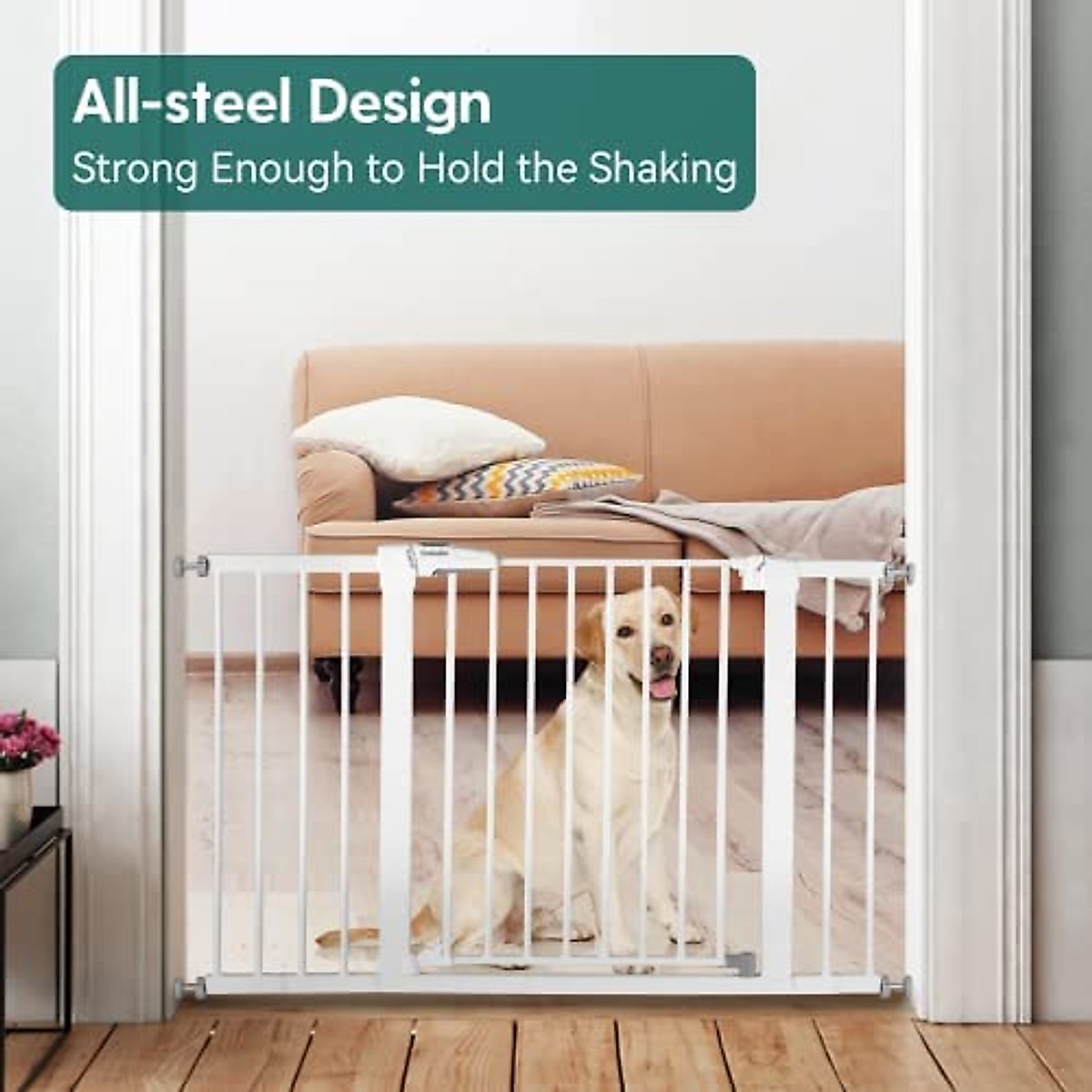 BABELIO Metal Baby Gate Dog Gate 29-48 Inch Extra Wide Pet Gate for Stairs & Doorways, Pressure Mounted Walk Thru Child Gate with Door, NO Need Tools NO Drilling, with Wall Cups