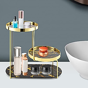 Bathroom Vanity Countertop Organizer - 3 Tier Makeup Counter Organizer Small Tiered Trays with Mirror Glass Trays for Home and Kitchen (Black Gold)