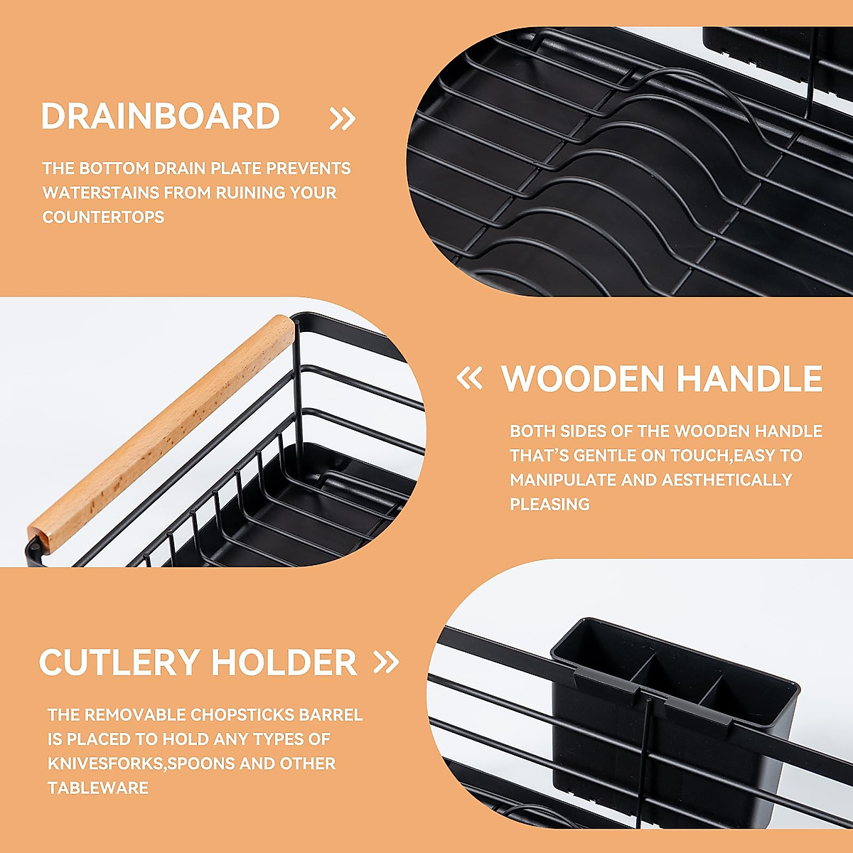 BRIAN & DANY Dish Drying Rack, Dish Racks for Kitchen Counter, Stainless Steel Dish Drainer with Removable Cutlery Holder & Drainboard, Black