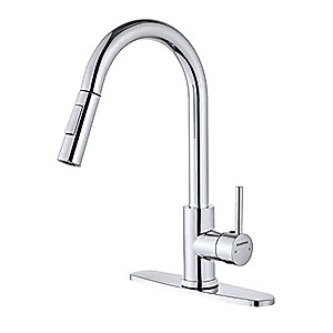KSUCBOHAR Kitchen Faucets with Pull Down Sprayer，Single Handle High Arc Kitchen Sink Pull Out Faucet with Deck Plate，Commercial Modern Stainless Steel rv Kitchen Faucet，Glossy