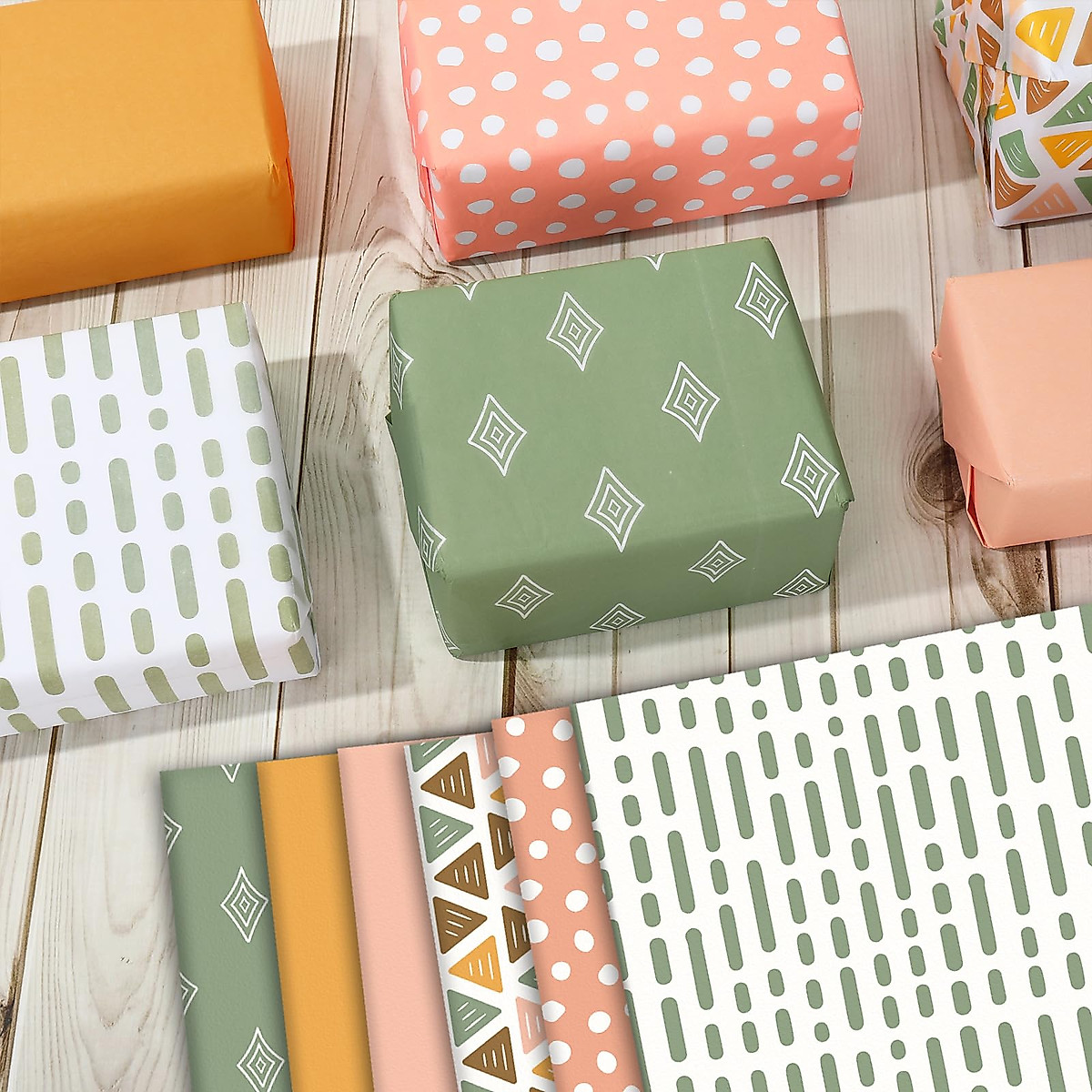 Whaline 90Pcs Boho Tissue Paper Triangle Dot Stripes Gift Wrapping Paper Pink Green Packaging Paper DIY Art Craft Paper for Farmhouse Home Birthday Baby Shower Party Gift Decor, 14 x 20 Inch