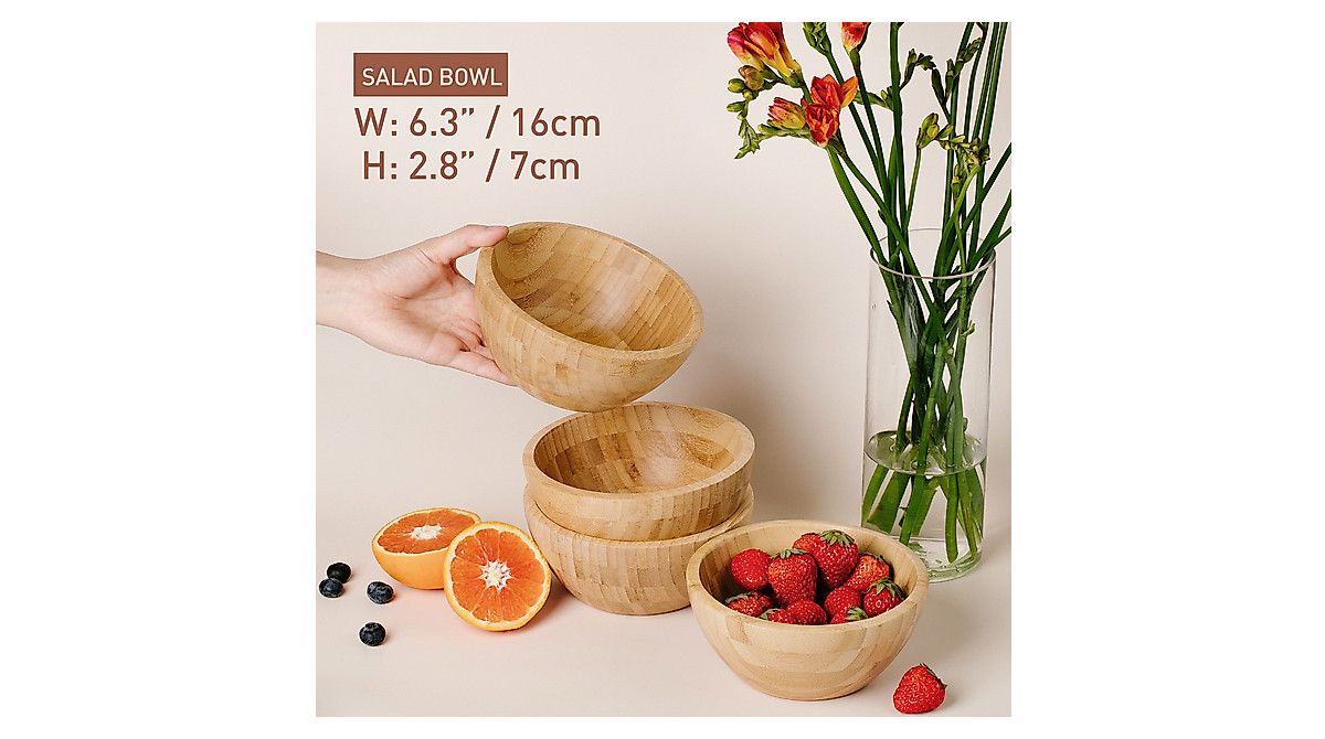 AVAMI Bamboo Wood Salad Bowls - Eco-Friendly Set of 4