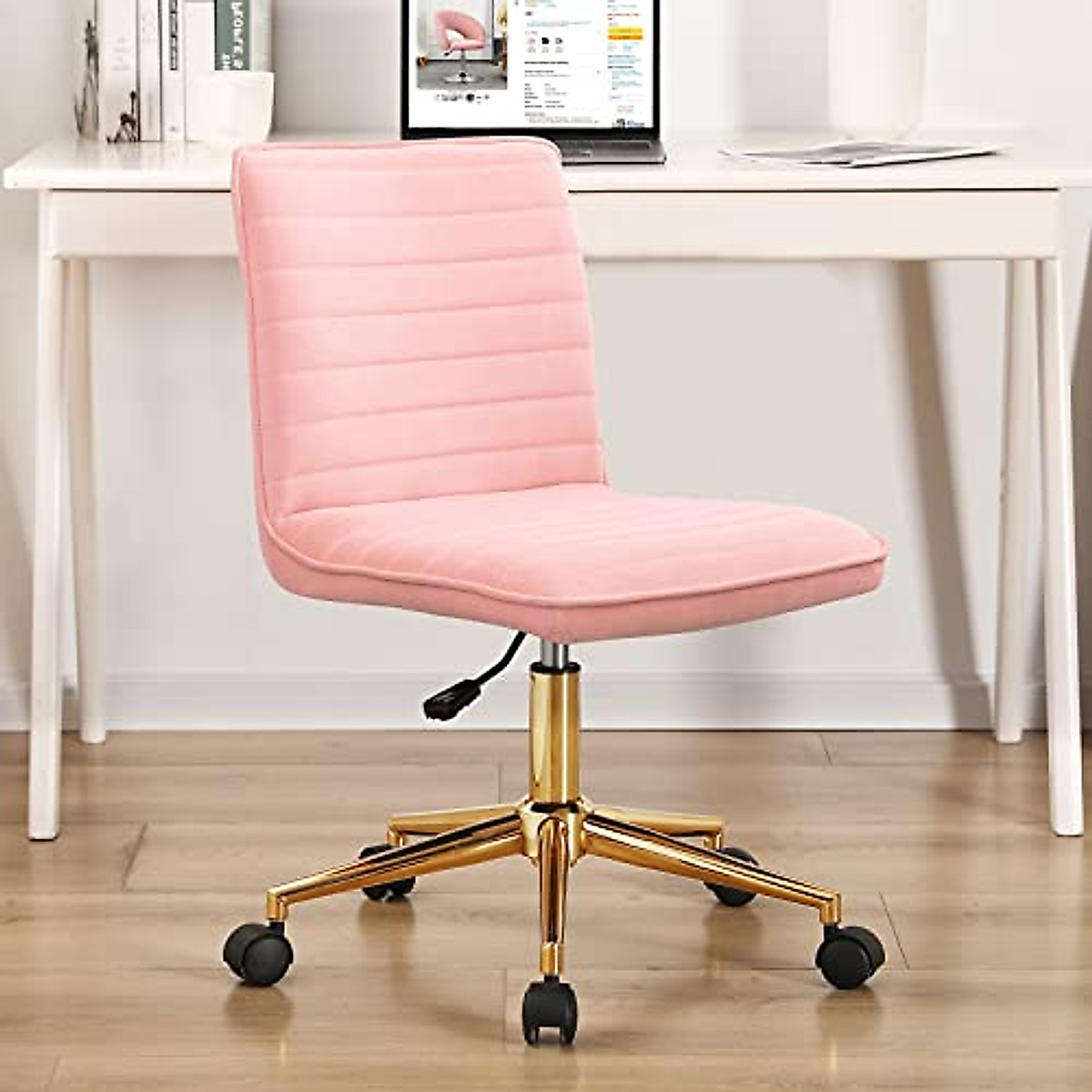 Furnimart Modern Armless Desk Chair Pink Cute Vanity Velvet Upholstered Office Chair Teen Girl Dorm Chair Mid-Back Home Office Chair Swivel Adjustable Small Chair Soft Seat (Velvet-Pink)