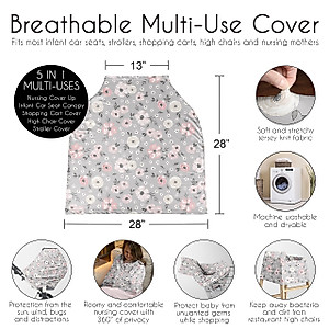 Sweet Jojo Designs Grey Watercolor Floral Girl Infant Baby Car Seat Cover Nursing Breastfeeding Shopping Cart Stroller Canopy Blush Pink and White Boho Bohemian Shabby Chic Rose Flower Gray Farmhouse