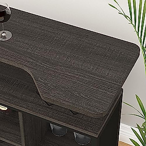 LVB Home Bar Unit, Modern Liquor Bar Table, Industrial Mini Bar Stand with Wine Rack and Storage Shelf, Wood Metal Indoor Coffee Bar Cabinet for Kitchen Living Dining Room Pub, Dark Gray Oak, 47 Inch