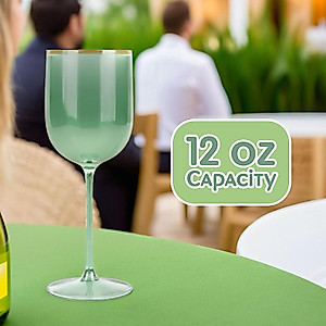 Blue Sky Green Plastic Wine Glasses With Gold Rim - 12oz (5-Pack) Reusable, Disposable Cups for Parties and Events