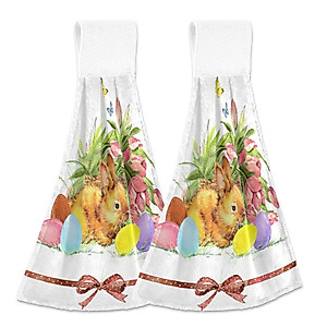 Easter Bunny Eggs Kitchen Hanging Towel 12 x 17 Inch Watercolor Butterfly Tulips Hand Tie Towels Set 2 Pcs Tea Bar Dish Cloths Dry Towel Soft Absorbent Durable for Bathroom Laundry Room Decor