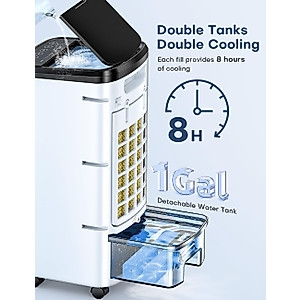 CENSTECH Evaporative Air Cooler, Swamp Cooler Air Conditioner w/ 12H Timer for Auto-off, 6 Upgraded Ice Packs, 3-Speed Windowless Air Conditioner, Smart Remote, Dual Tank Portable Air Cooler for Room