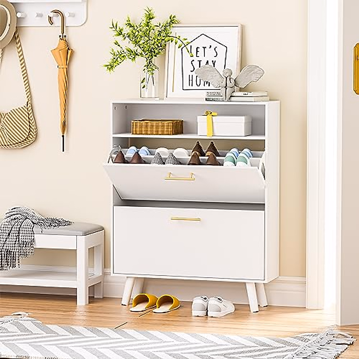 SINROM Shoe Cabinet for Entryway, Slim Shoe Storage Cabinet with 2 Flip Drawers, Freestanding Shoe Organizer with Open Shelf for Hallway, White