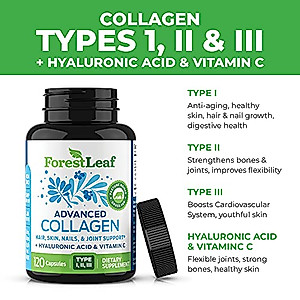 ForestLeaf - Collagen Pills with Hyaluronic Acid & Vitamin C - Reduce Wrinkles, Tighten Skin, Boost Hair, Skin, Nails & Joint Health - Hydrolyzed Collagen Peptides Supplement - 120 Capsules (2 Pack)