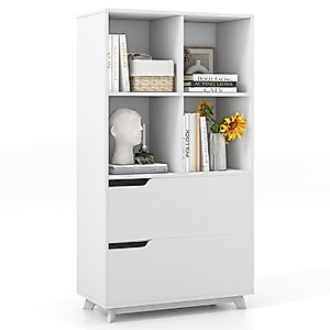 Giantex 51" Tall Bookcase with 2 Drawers, 4-Tier Open Bookshelf with 4 Storage Cubes, Modern Display Shelf with Anti-Toppling Devices, Freestanding Wooden Storage Shelf for Home Office, White