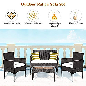Tangkula 4 PCS Patio Outdoor Conversation Set with Glass Coffee Table, Loveseat & 2 Cushioned Chairs, Garden Lawn Rattan Wicker Patio Chat Set, Outdoor Furniture Set (Brown)