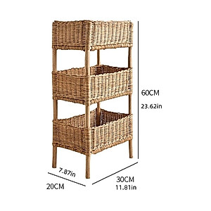 Rattan Shelving Unit 3 Tiers Standing Wooden Caddy | Hand Woven Portable Laundry Bin Basket | Living Room, Bedroom, Kitchen Organizer