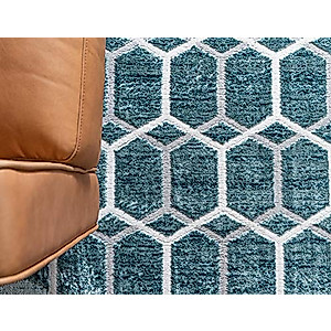 Rugs.com Lattice Trellis Collection Rug – 8 Ft Round Blue Low-Pile Rug Perfect for Kitchens, Dining Rooms