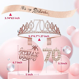 70th Birthday Decorations for Women, 70th Birthday Sash,Tiara, 70th Candles and Happy Birthday Cake Toppers, Rose Gold 70th Birthday Gifts Set