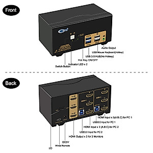 CKL USB 3.0 HDMI KVM Switch Triple Monitor 2 Port Extended Display 4K 60Hz with Cables and Audio 923HUA-3