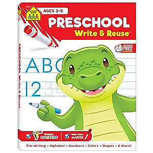 School Zone Write & Reuse Workbook for Preschool: Reusable Wipe-Clean Spiral Bound Learn and Practice Writing Book, Dry Erase Marker, ABC’s, Shapes, and More