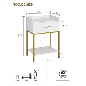 Masupu Nightstand with Charging Station,3-Tier Modern Bedside Night Stand with Storage Drawer and Shelf,Small End Side Table for Bedroom,Living Room,White