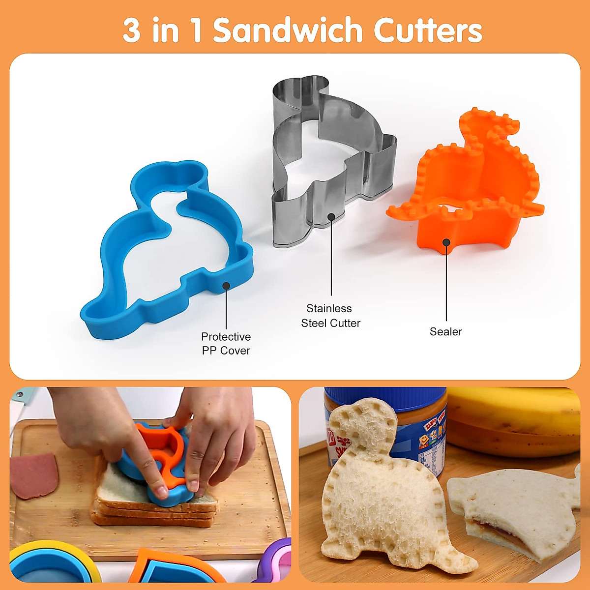 Uncrustable Sandwich Cutter and Sealer for Kids - Fangze 4 Pcs Decruster Cookie Maker Shapes Lunch Bread Mold Stainless Steel